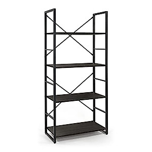 Fencer Wire 4 Tier Free Standing Shelf, 24 Inch Width Bookshelf, Bookcase Shelf Storage Organizer, Industrial Book Shelves for Home Office, Living Room, Kitchen, Black Wooden Shelves & Metal Frame