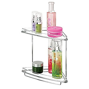 mDesign Steel/Plastic Freestanding Countertop Corner Shelf Organizer with 2-Tier Storage for Bathroom, Vanity, Cabinet, Counter - Holds Makeup, Bath Gel - Prism Collection - Clear