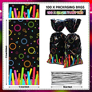 Pajean 100 Pcs Glow Bags in the Dark with Silver Ties Neon Goodie Let's Treat Candy Gift Decoration for Glow, Birthday, Baby Showers, Dark, Family Union Party Decor
