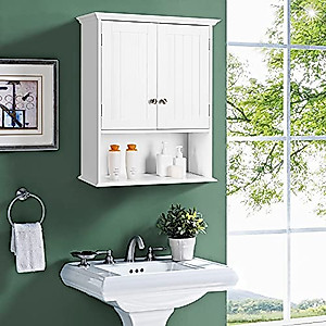 Tangkula Bathroom Wall Cabinet, Wooden Hanging Storage Cabinet with Doors & Shelves, Multipurpose Storage Cabinet for Bathroom Kitchen Living Room, Wall Mounted Bathroom Medicine Cabinet