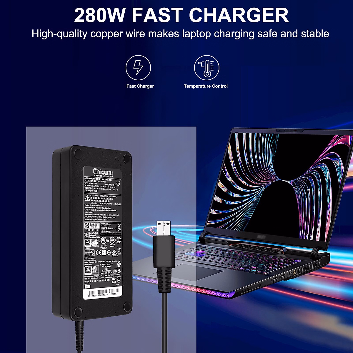 JUYOON 280W Charger for MSI GE68 GE78 GE68HX GE78HX MSI Creator Z16 Z17 Z16HX Z17HX Studio 13th Intel core RTX 40 Series Laptop, msi ge66 ge76 gp76 gp66 Laptop Power Supply