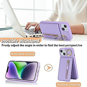 DEYHU iPhone 13 Mini Case with Card Holder for Women, iPhone 13 Mini Phone Case Wallet with Credit Card with Ring Kickstand Zipper Shockproof Slim Stand Case for iPhone13mini - Purple