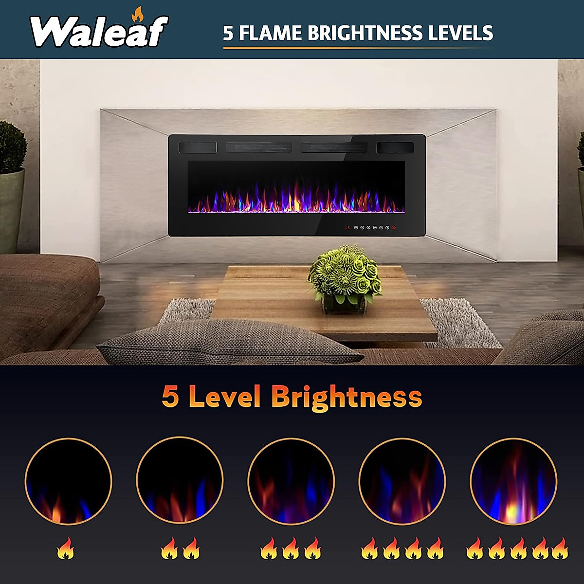 Waleaf 50 inch Ultra-Thin Electric Fireplace Wall Mounted/Recessed，Fireplace Heater with Multicolor Flame，Timer Low Noise 750/1500W，with Remote Control Touch Screen