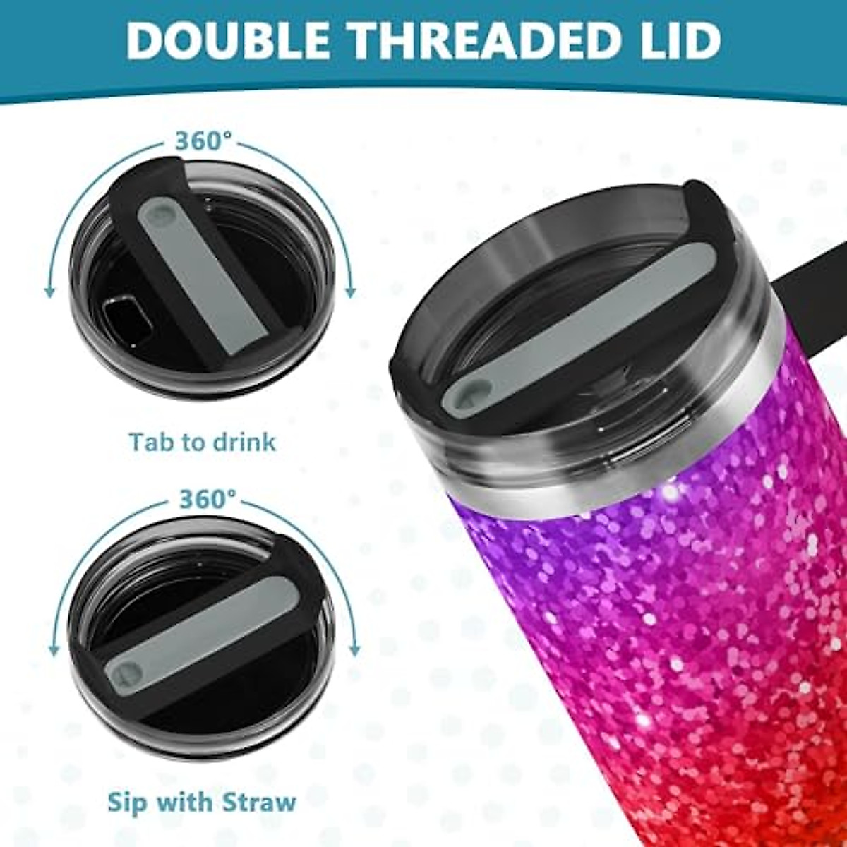 Yasala Car Tumbler with Handle Rainbow Glitter Shine Travel Mug Coffee Cup Insulated Beverage Container Mega Cup for Hot Cold Drinking Thermos Water Bottle Cupholder Friendly 40 oz