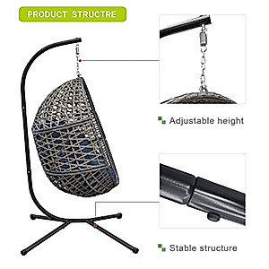 X-Large Luxury Outdoor Hanging Egg Chair with Stand, Heavy Duty Wicker Porch Swing Sets for Outdoor Patio Balcony Garden Decoration, All-Weather Egg-Shaped Hammock Swing Chair with Navy Blue Cushion