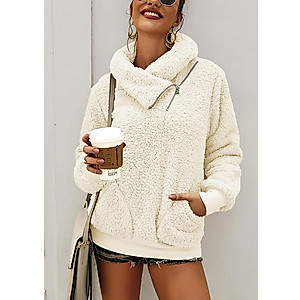 KIRUNDO Women's 2024 Winter Lapel Fuzzy Fleece Sweatshirt Faux Shearling Zipper Warm Sherpa Pullover Outwear With Pockets(Small, Beige)
