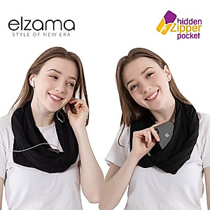 elzama Infinity Loop Solid Color Scarf With Hidden Zipper Pocket For Women - Lightweight Travel Neck Wrap