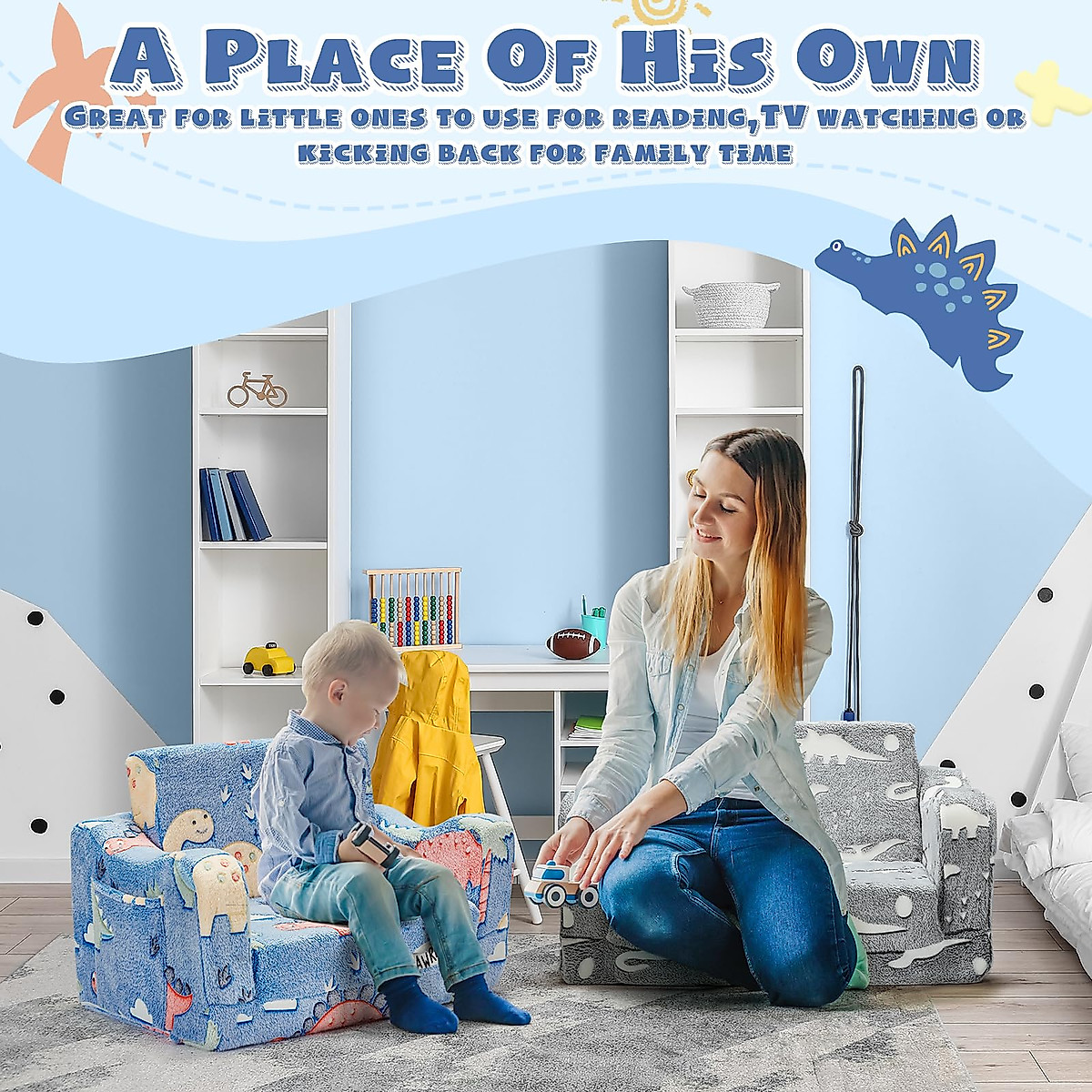 BUPPLEE 2-in-1 Toddler Chairs Comfy, Toddler Couches That Fold Out,Glow in The Dark, Extra Wide Kids Chairs for Toddler, Baby Couch for 1-3 Year Old, Gifts for Girls & Boys, Gray