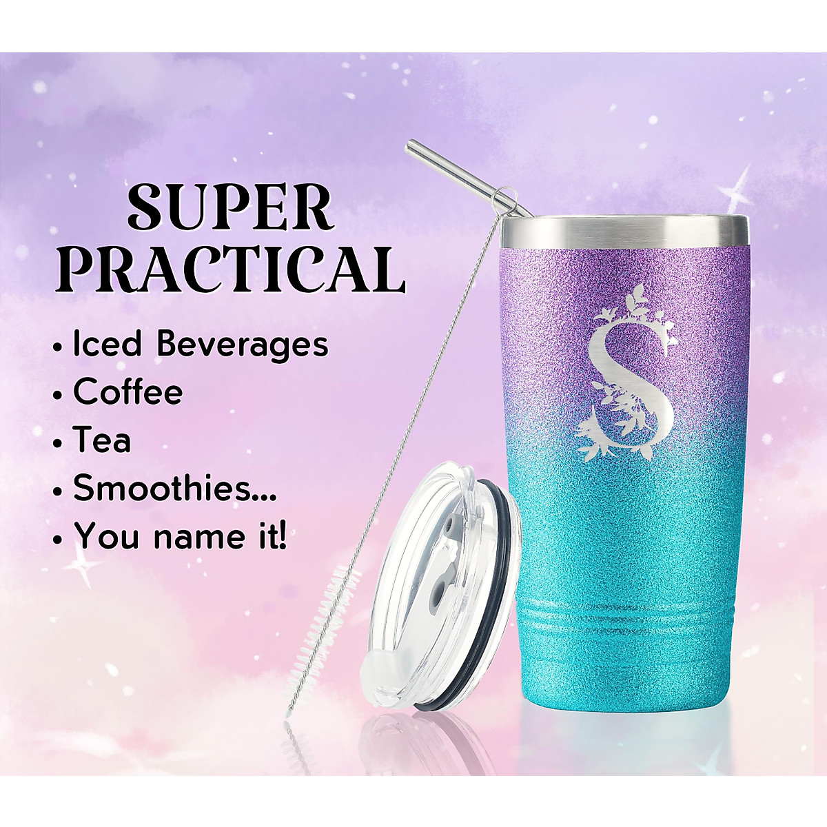 Personalized Tumblers with Lids and Straws for Women, Monogrammed Travel Mugs with Initials, Unique Gifts for Her on Birthdays Xmas, Purple, S