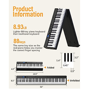 KONIX Folding Piano Keyboard 88 Key, Full Size Semi-Weighted Foldable Piano Keyboard, Bluetooth Portable Electronic Keyboard Piano with Sheet Music Stand, Sustain Pedal and Piano Bag, Black