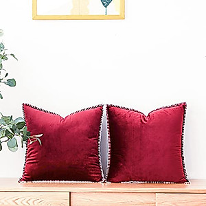 GAWAMAY Set of 2 Fall Decorative Soft Velvet Gold Throw Pillow Covers with Chenille Fancy Edge Boho Accent Square Cushion Case for Couch Sofa Living Room Beding 16 x 16 Inch (40x40cm) Burgundy Red