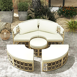 Tangkula Outdoor Patio Round Daybed with Retractable Canopy, Patiojoy PE Rattan Wicker Sectional Seating Furniture with Soft Cushions, for Patio, Garden, Backyard and Poolside (Off White)