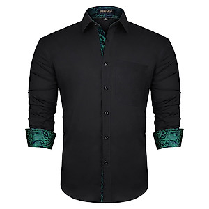 HISDERN Black Green Dress Shirts for Men Long Sleeve Button Down Shirt Black Inner Paisley Contrast Mens Casual Formal Tuxedo Shirt