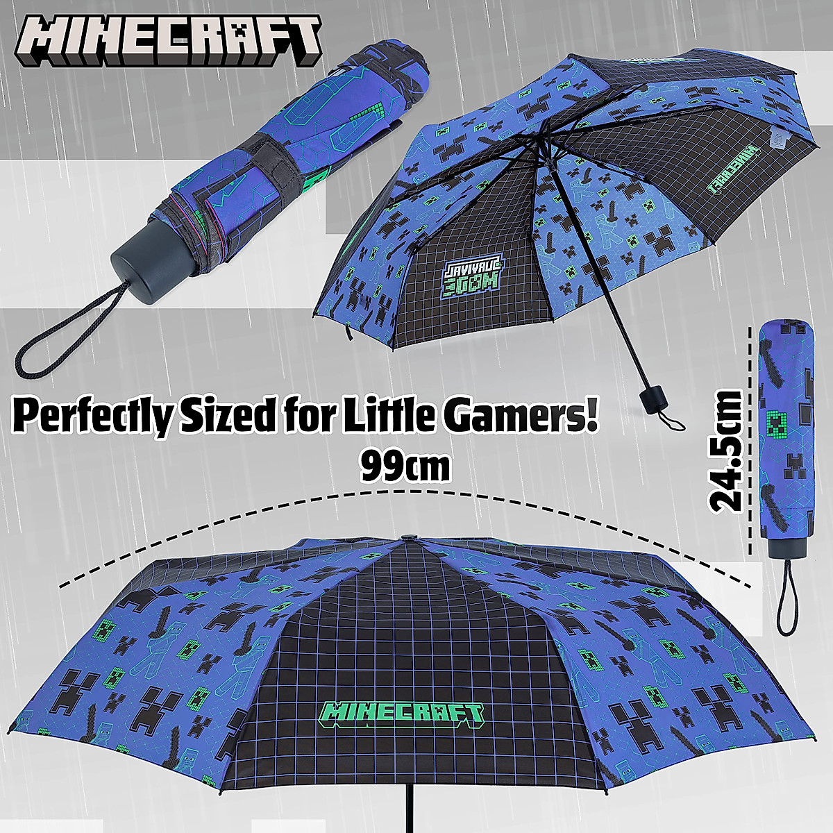 Minecraft Kids Folding Umbrellas, Durable & Compact Umbrella, Windproof Travel Umbrella for Boys and Girls (Black/Blue)