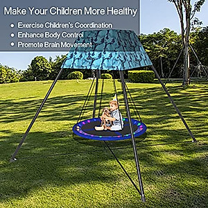 Pvillez 43 Inch Nest Swing Set, Nest Swing Stand with Oxford Tent and Nest Swing and LED Strips, Saucer Swing Set with Heavy Duty Galvanized Steel Frame for Kids for Garden Backyard Playground