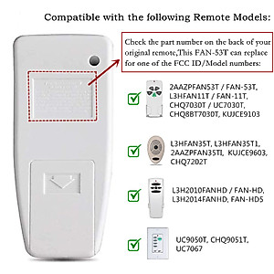 FAN-53T Ceiling Fan Remote Control Replacement for Hampton Bay Hunter Harbor Breeze Allen+Roth Replace 2AAZPFAN53T CHQ8BT7030T CHQ7030T UC7030T FAN53T FANHD L3HFAN35T (White 2 * 5 * 1INCH)