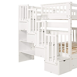 Harper & Bright Designs Full Over Full Bunk Bed with Stairs, Wooden Bunk Bed with Storage Drawers, for Kids Teens Adults - White
