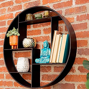 Urban Trends Collection Round Black Wall Shelf, Floating Metal Shelves Wall Decor with 7 Slots, and 2 Keyhole Hangers for Bathroom, Room, Bedroom, Kitchen, TV, Home, Size: 25.50"x4.50"x25.50"H