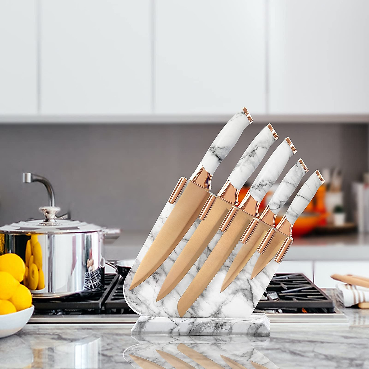 Knife Set Non Stick, Champagne Gold Knives Set with Acrylic Storage Block, 6 Pieces Sharp Knife Set, Stainless Steel Beautiful White Marbling Handle Rainbow Blade Kitchen Knife (Champagne Gold Blade)