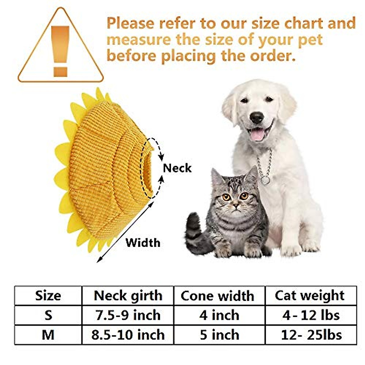 SLSON Cat Recovery Collar Pet Cone Collar Soft Protective Cotton Cone Adjustable Fasteners Collar for Cat and Puppy, Yellow (S)