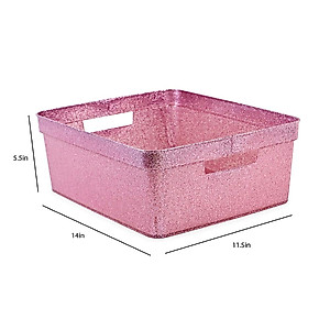 Isaac Jacobs Medium Glitter Storage Bin (14” x 11.5” x 5.5”) Set w/Cut-Out Handles, Plastic Organizer, Multi-Functional, Home Storage Solution, Kids Playroom, Bedroom, Closet (2, Pink)