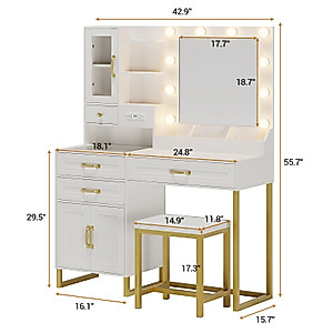 BTHFST Makeup Vanity Desk with Mirror and Lights & Charging Station & Makeup Stool, Vanity Table Set with Glass Top Storage Drawer & Beach & 3 Shelves for Bedroom (Modern White & Gold)