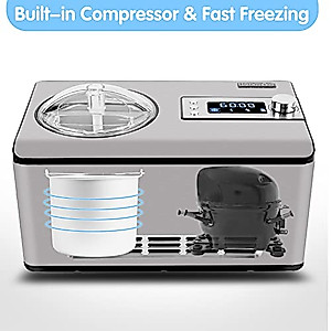 KUMIO Ice Cream Maker with Compressor, No Pre-Freezing, 2 Quart Stainless Steel Ice Cream Maker Machine with LCD Display, Timer, 2 in 1 Ice Cream Yogurt Machine, Electric Fruit Yogurt Machine, 180W