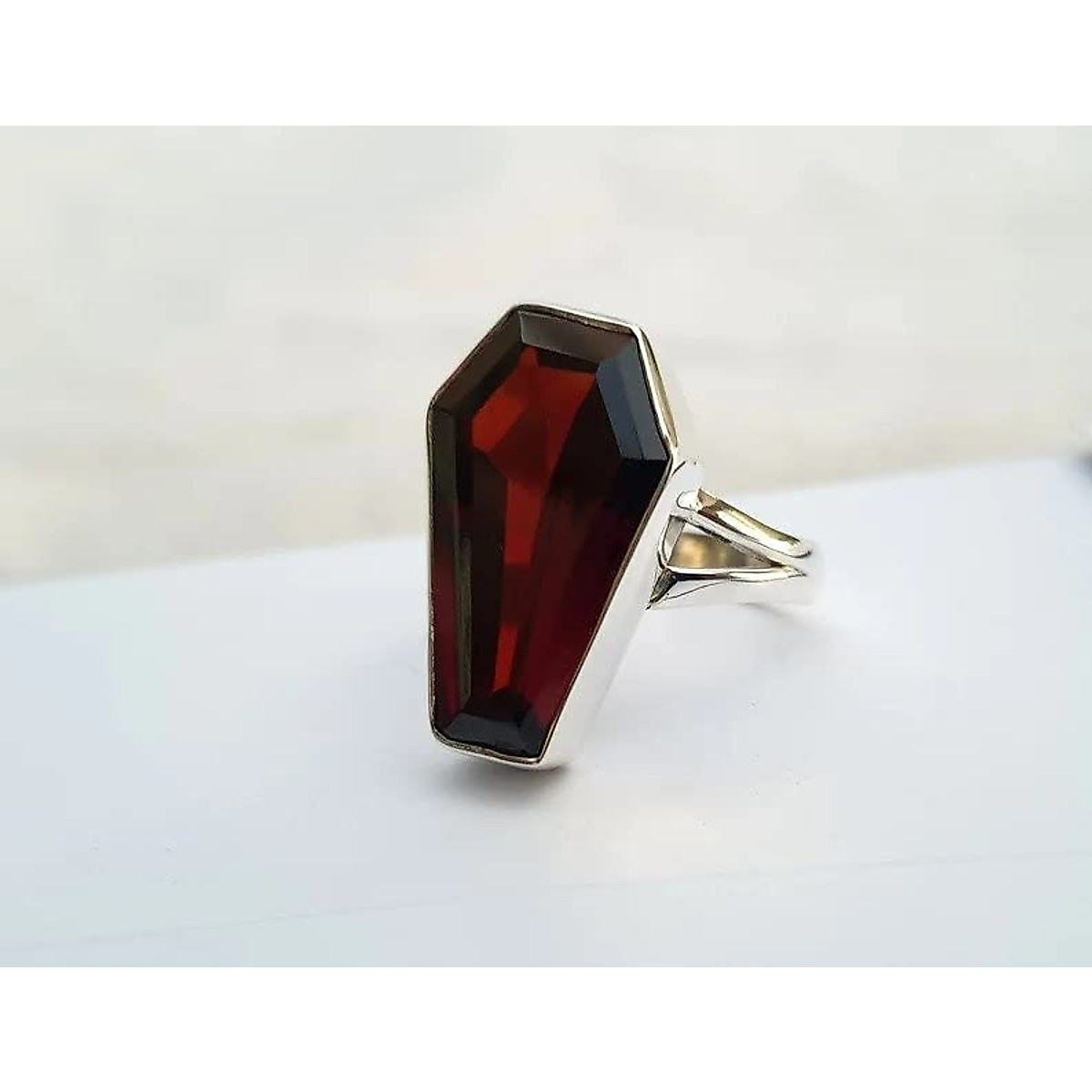 Garnet Coffin Ring, 925 Sterling Silver Ring, Natural Red Stone Ring, Silver Band Ring, Gemstone Ring, Statement Ring, Dainty Ring, Silver Coffin Ring, Jewelry By Anita Jewellers