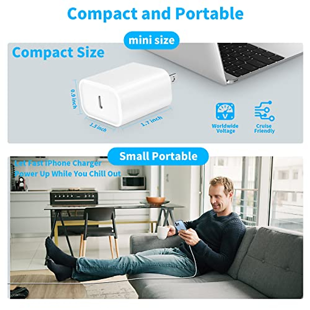 2-Pack iPhone 14 13 12 11 Fast Charger,【Apple MFi Certified】 20W PD USB C Wall Charger with 6Ft Type C to Lightning Cable for iPhone 14 13 12 11 Pro XR XS Max X 8 Plus iPad AirPods