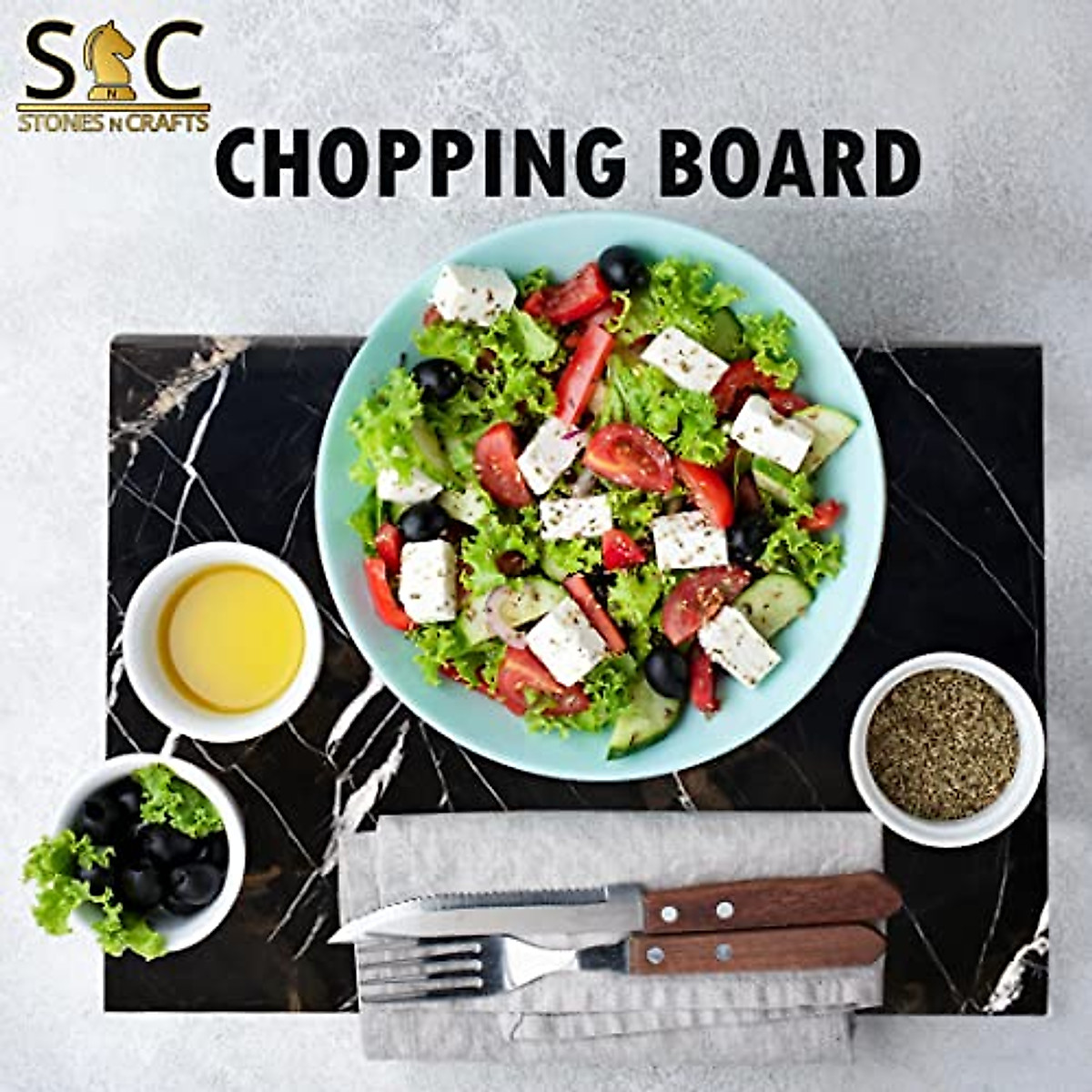 STONES & CRAFTS Marble cutting Board - Marble Chopping Board | Black Cheese Board , Butcher Block with Non-Slip Rubber, Marble Serving Tray for Breakfast , Snacks, Pastries Marble Slab - 8 x 11