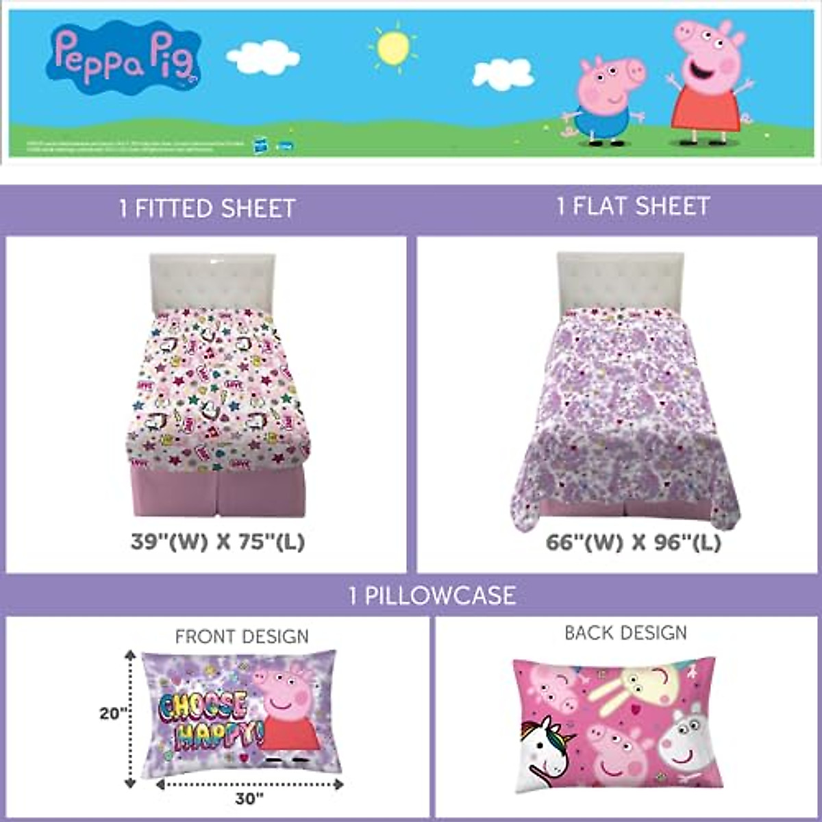 Franco Peppa Pig Pink Heart Kids Bedding Super Soft Microfiber Sheet Set, Twin, (Official Licensed Product)