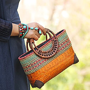 QTKJ Straw Bag, Beach Bag for Women, Handmade Rattan Handbag, Boho Retro Woven Tote Bag Round Bamboo Handle, Summer Bag for Beach Vacation Daily