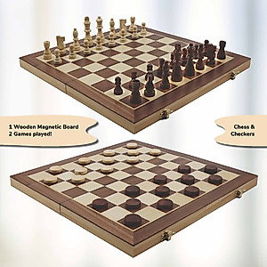 Funshpiel Magnetic Wood Checkers and Chess Set – Premium Handcrafted Chess Board Set with 2 Extra Queens, Chess and Checkers Set for Kids and Adults, Compact and Foldable Design, 15-inch Board Games