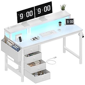 Lufeiya White Desk with 4 Drawers - 47 inch Gaming Desk with Monitor Stand, Computer Gaming Desk with LED Lights Power Outlets and Storage Bag Fabric Drawer for Home Office, Bedroom, White