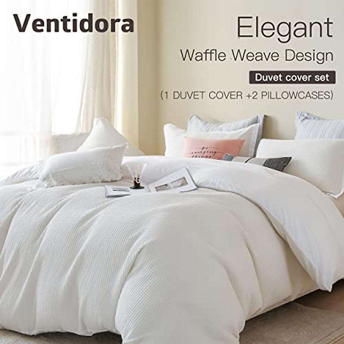 Ventidora Queen Duvet Cover Set 100% Organic Cotton Waffle Weave 3 Piece Bedding Set, Breathable and Skin-Friendly Certified by Oeko-TEX. Comforter Cover Set for All Season (Queen, 90x90'')