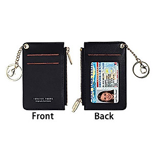 Small Wallets for Women Slim Leather Card Case Holder Wallet Coin Change Purse with Keychain (Black)