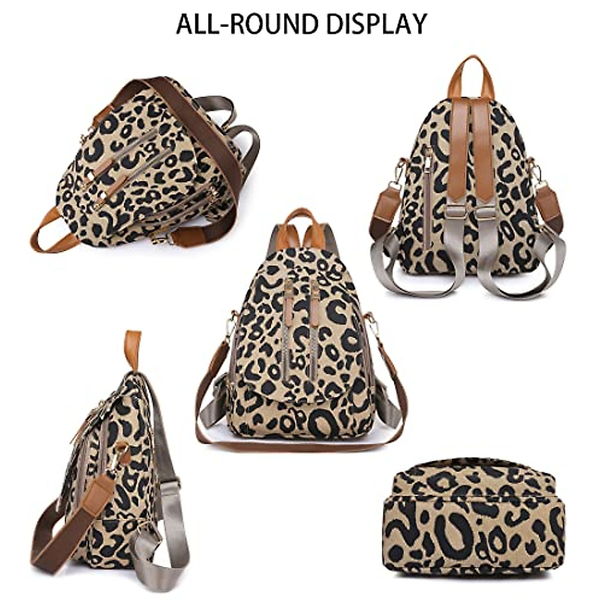 KKRAUS Leopard Print Backpack for Women Pu Leather Cheetah Print Shoulder Daypack Leopard Satchel Backpack with Handle Multipurpose (Single Zipper)