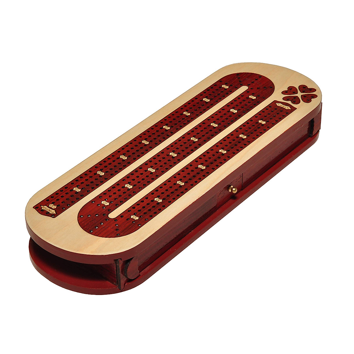 PALM ROYAL HANDICRAFTS 4 Track Wooden Cribbage Board Set Inlaid in Blood Wood and Maple Wood with pegs and Cards Storage Available. 4 Player Cribbage Board (15 x 5 Inches)