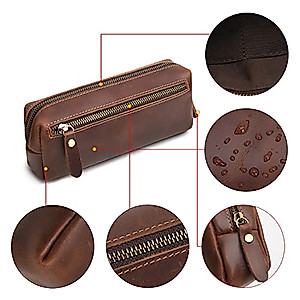 WONDERPOOL Pen Case Real Leather Pencil Pouch Markers Holder Big Capacity Bag with Side Zippered Pocket Sleeve for Stationery Makeup Utensils Organizer (Coffee)