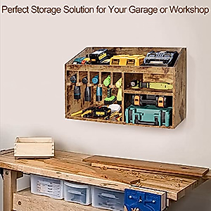 Wokyy Wall Mount Power Tool Organizer, Large Space Garage Tools Storage Cabinet, Workshop Wooden Shelf Rack, Cordless Drills Screwdrivers Holder - Brown
