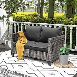 ovios Patio Loveseat, 2-Seater Outdoor Wicker Sofa Couch with Comfy Cushions, All Weather High Back Deep Patio Seating Rattan Love Seat for Porch Deck Balcony, Black