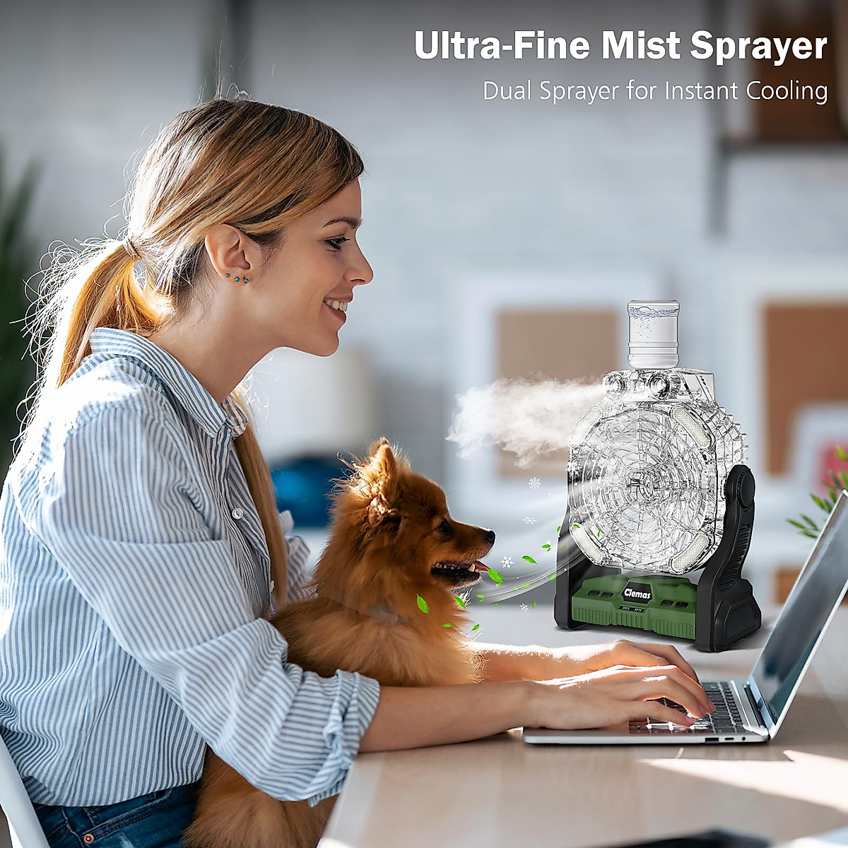 Clemas Camping Fan with Mister Rechargeable | Long Lasting Portable Battery Powered Water Misting Fan Table Fan 14000mAh | 26000mAh | RGB Lights, Timer, Power Supply - For Outdoor & Emergencies