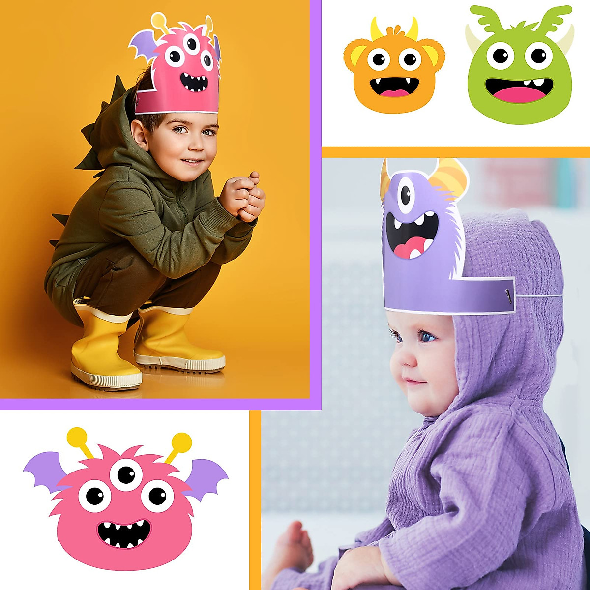 Aoriher 12 Pcs Monster Paper Hats Party Headbands Monster Themed Birthday Party Supplies Baby Shower Favors Monster Dress Costume for Boys Girls Kids Party Supplies Cosplay Props, 6 Styles