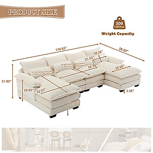 Modern Sectional Sofa Couch, Comfy U Shape Cloud Couch with Double-layer Cushion, Oversized 6 Seater Sofa with 4 Pillows, Upholstered Deep Seat Couch for Living Room, Office, Apartment, Beige Chenille