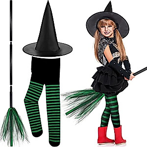 Halloween Witch Costume Accessories Set Witch Broom Plastic Broomstick Black Witch Hat Striped Tights for Halloween Party (Green)