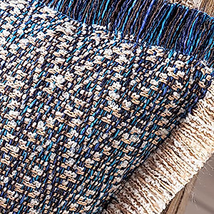 Phantoscope Decorative Boho Throw Pillow with Pillow Insert Included, Hand Woven Textured Pillow Cover with Fringe Trim, Modern Farmhouse Square Cushion Pillow, Dark Blue 12 x 20 Inches