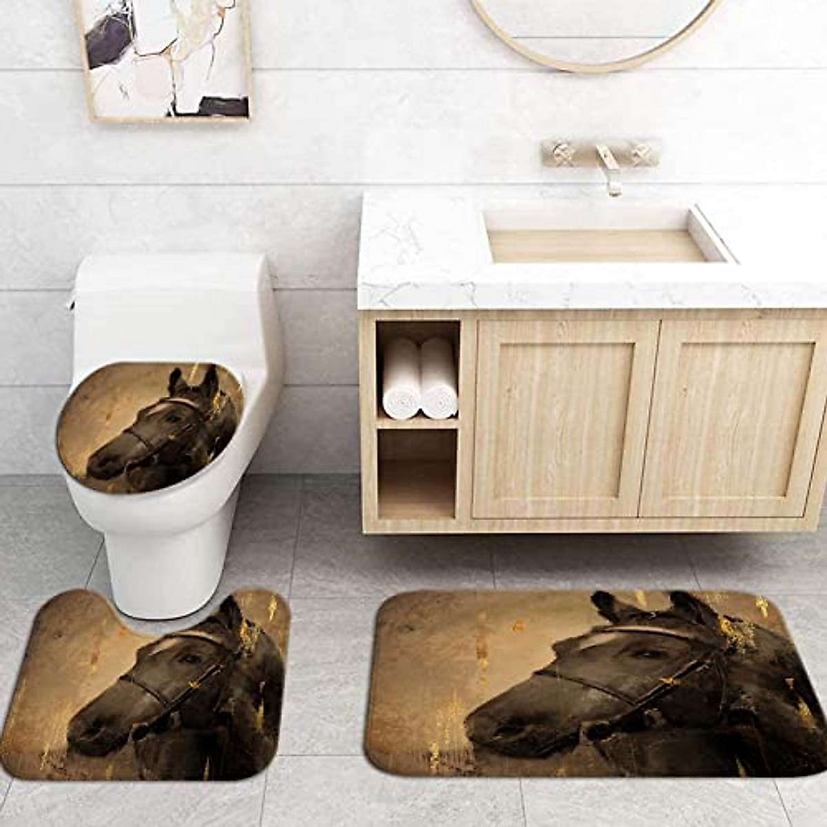 AtGoWac 4 Pcs Set Horse Shower Curtain Set with Rugs Farmhouse Animal Rustic Brown Horse Shower Curtain Bathroom Decor