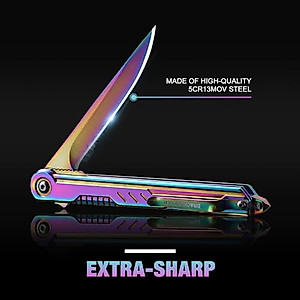 DRACHENADER Rainbow Pocket Knife 8.1" for Men EDC Colored Knife Keychain Pretty folding knife with clip and sheath, gift for mom, girlfriend, women