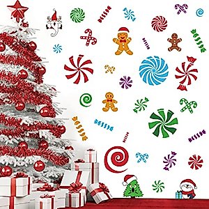 KIMOBER 33PCS Christmas Peppermint Floor Decals,Christmas Candy Santa Claus Gingerbread Wall Stickers for Xmas Party Decoration
