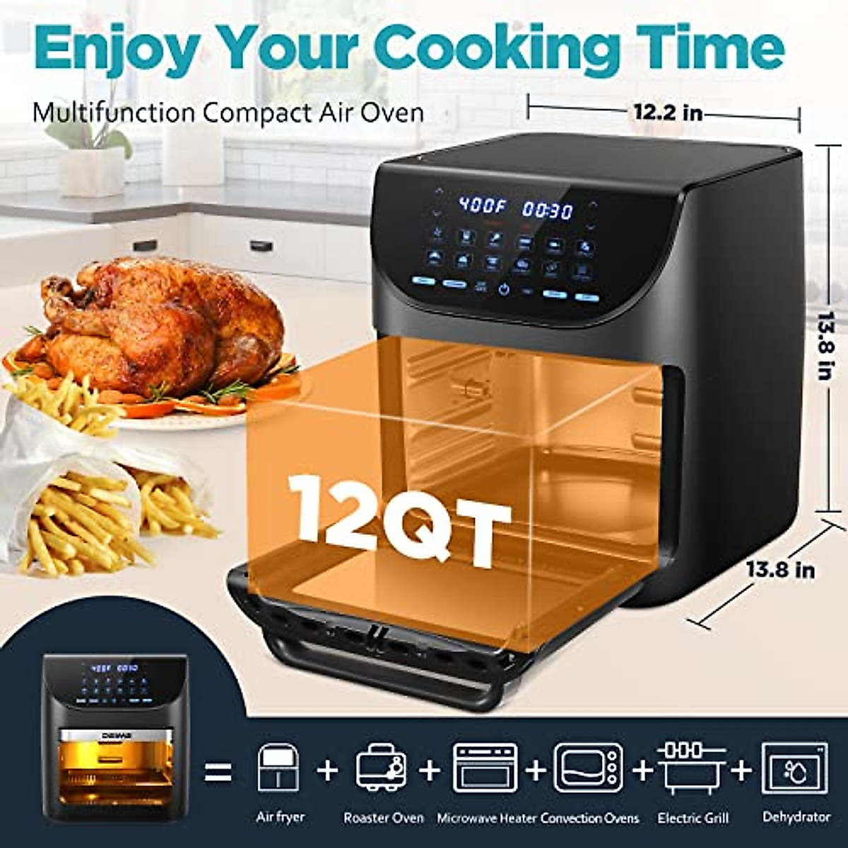 Air Fryer 12 QT Large Capacity 1700W Oilless Hot Air Fryers Oven Healthy Cooker with 10 Presets, Visible Cooking Window, LCD Touch Screen, 6 Dishwasher Safe Accessories